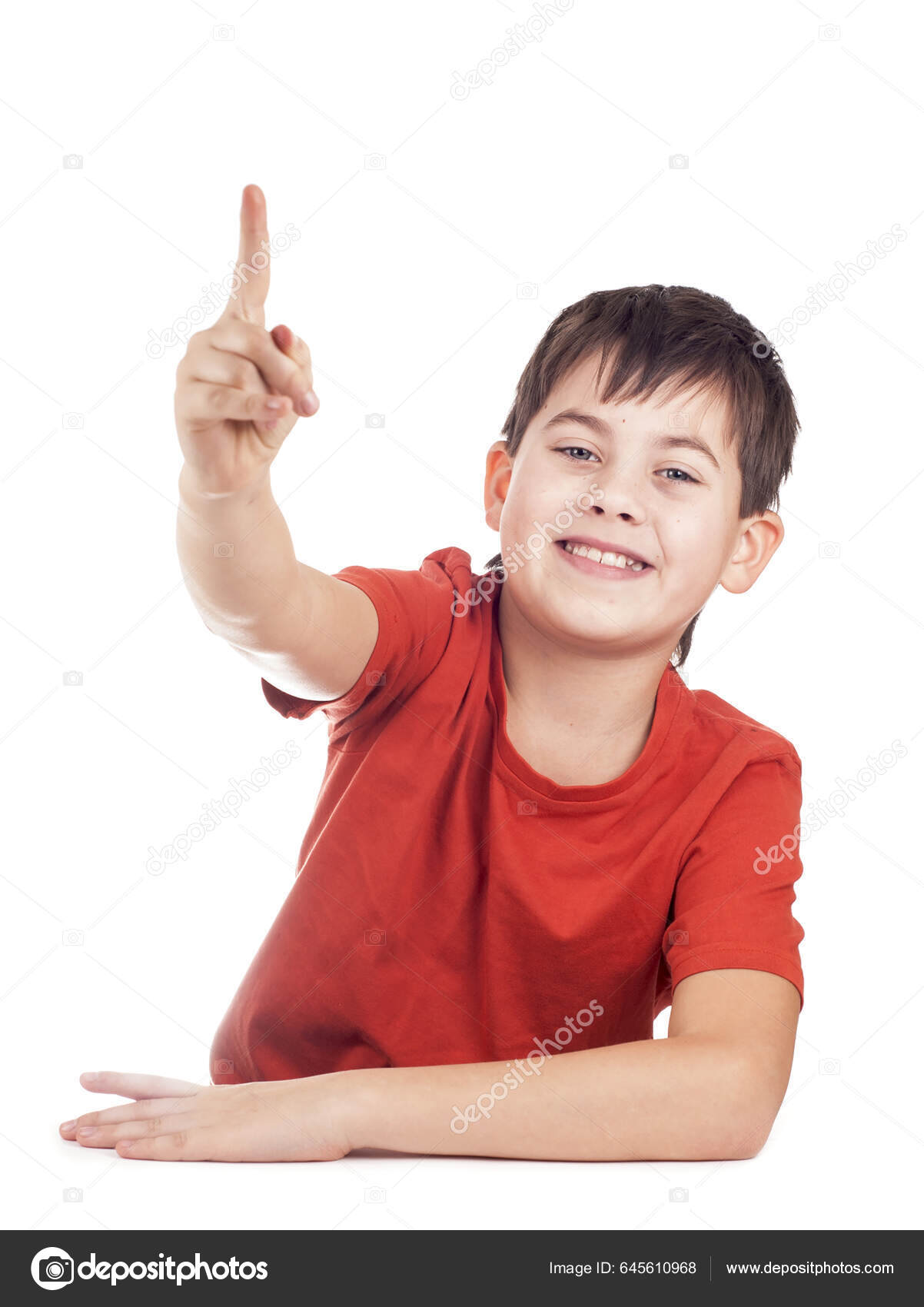 Portrait Boy Raising His Arms White Background — Stock Photo ...