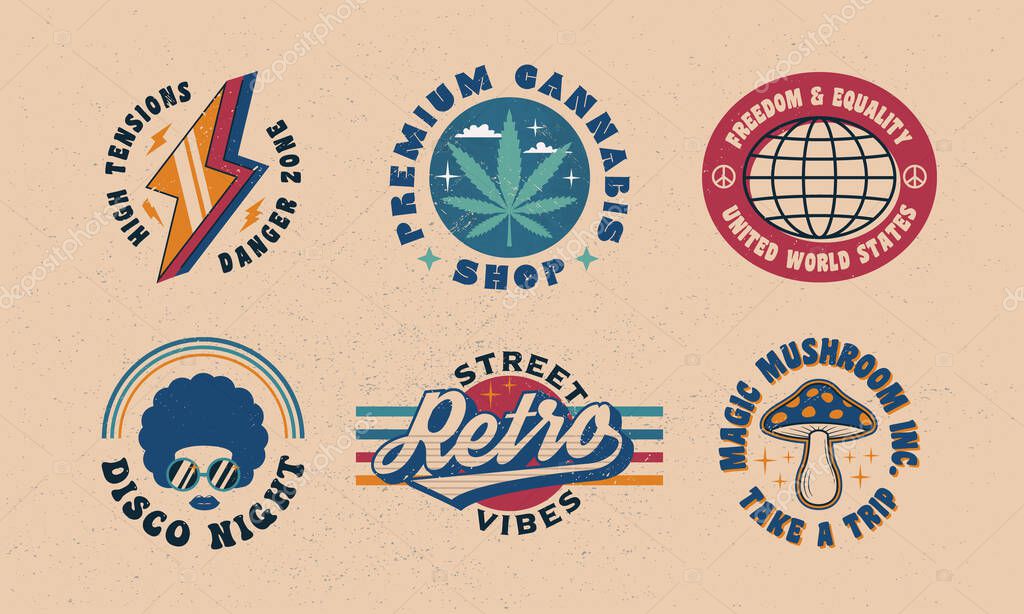 Set de logos Retro Groovy. Cannabis, Disco, Hongo, emblemas Thunderbolt ...