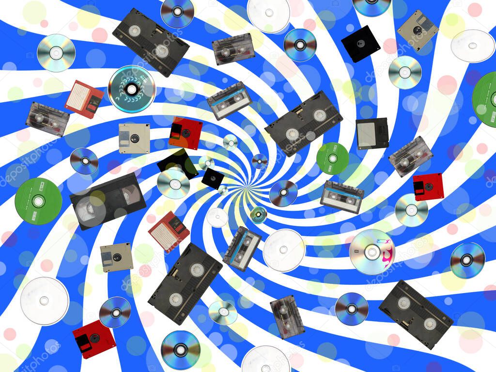 CD, disquetes, casetes, cintas de video. Atributos de 1990 ...