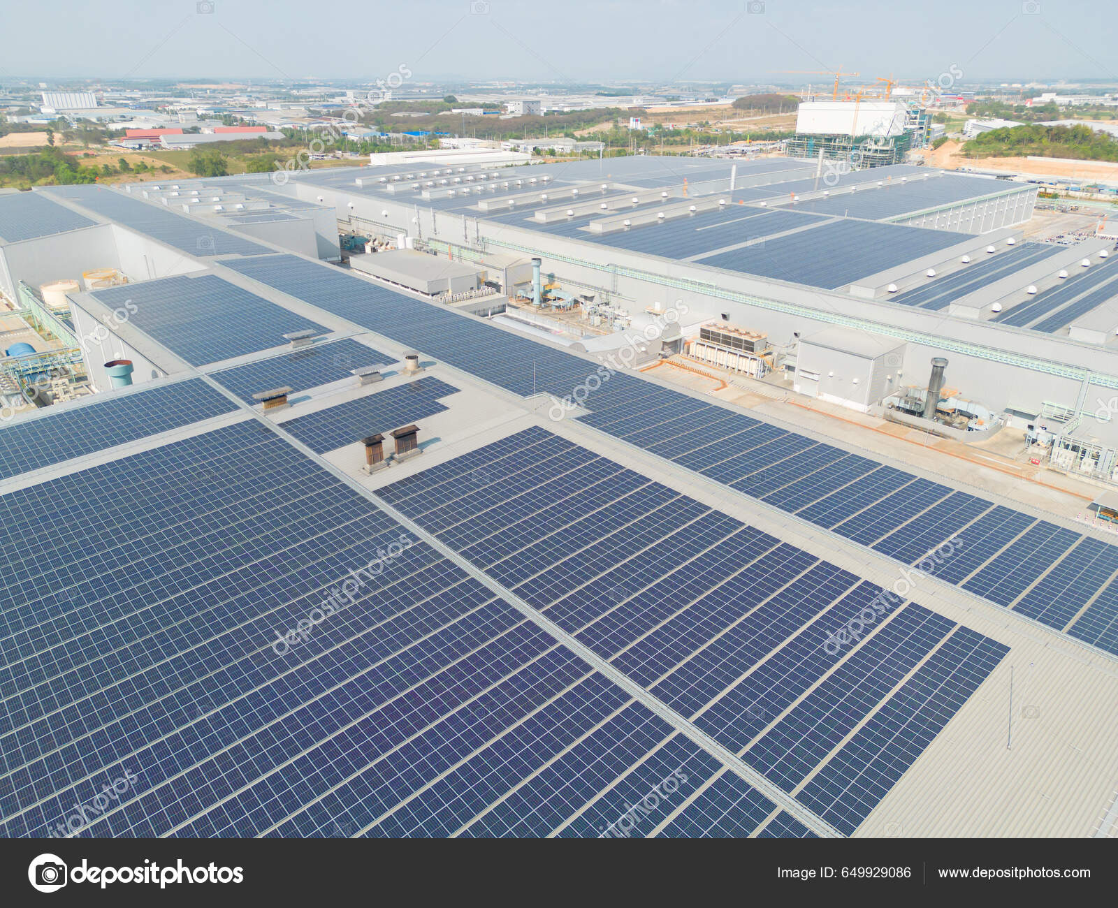 Aerial View Solar Panels Solar Cells Roof Factory Building Rooftop ...