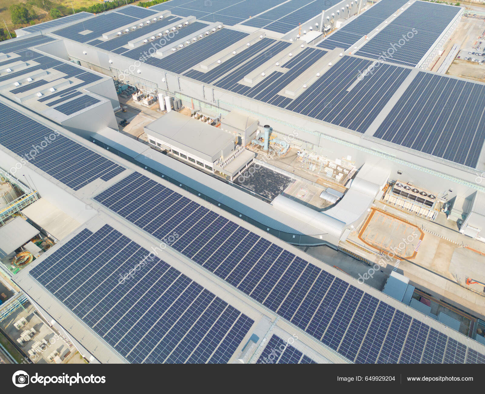 Aerial View Solar Panels Solar Cells Roof Factory Building Rooftop ...