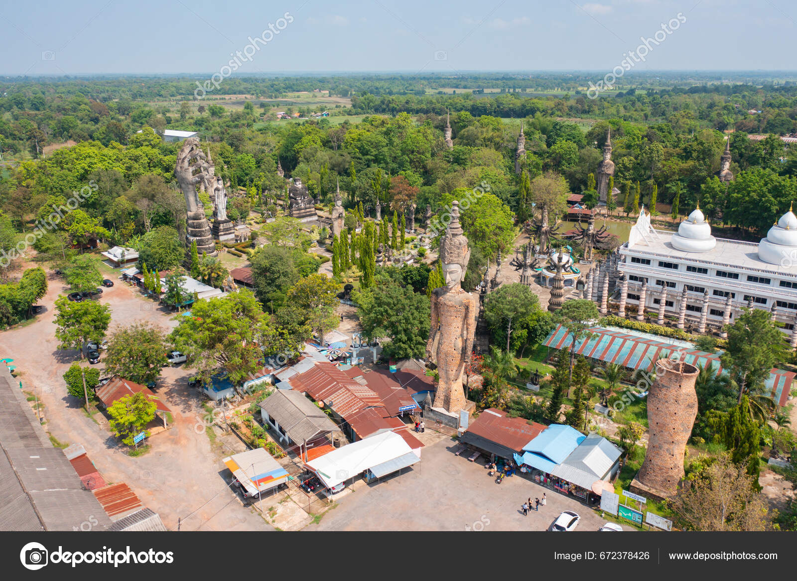 Aerial Top View Sala Keoku Sculptures Park Isan Pagoda Buddhist Stock ...