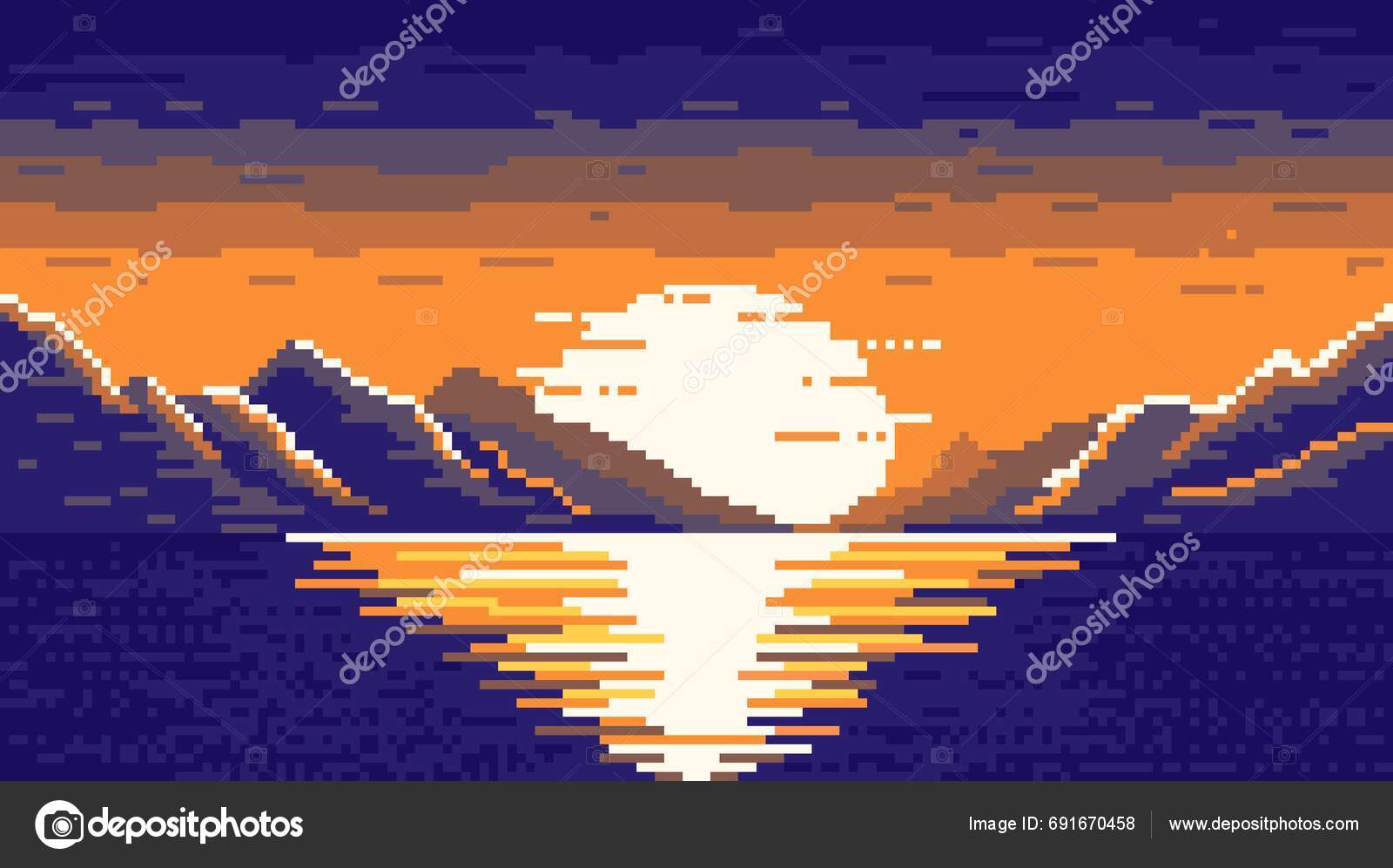 Sunset Pixelated Sea Islands Background Blue 8Bit Ocean Pixel Waves ...