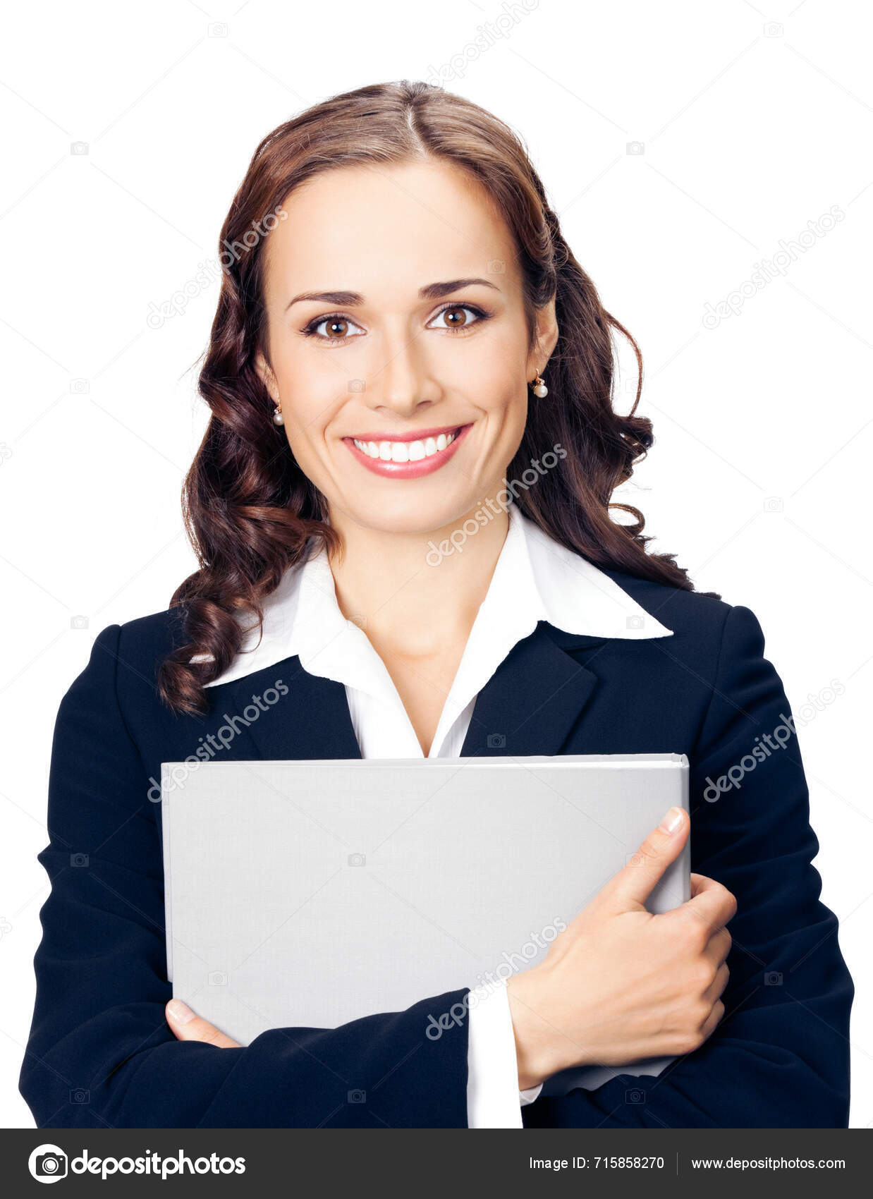 Portrait Happy Smiling Business Woman Grey Folder Isolated White ...