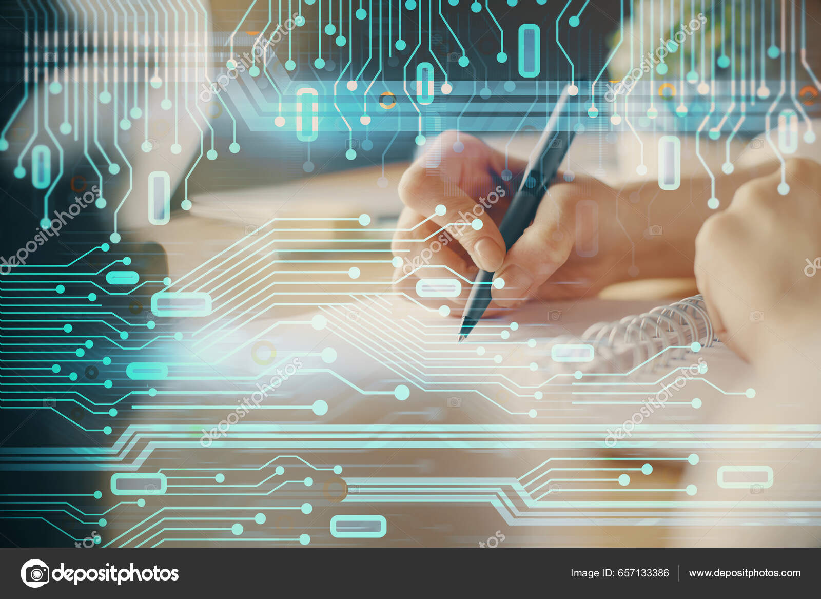 Double Exposure Hands Making Notes Background Technology Digital Coding ...