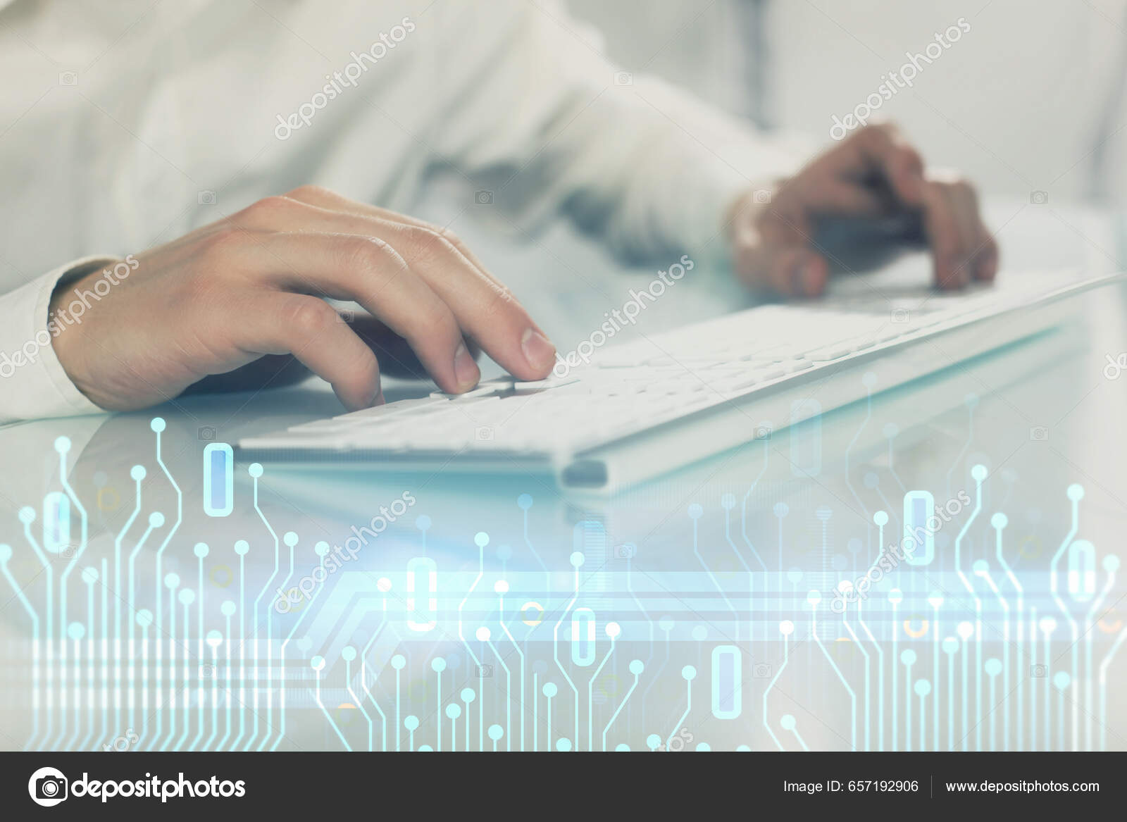 Multi Exposure Tech Drawings Man Working Computer Background Concept ...