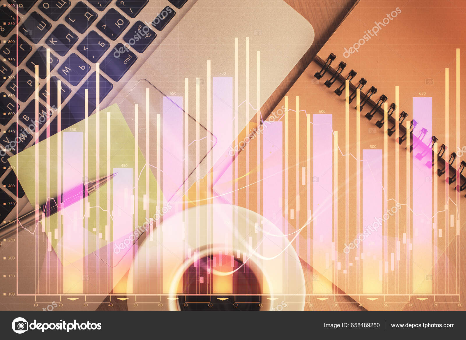 Stock Market Graph Top View Computer Table Background Double Exposure ...