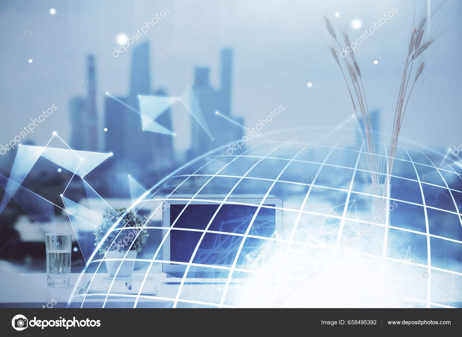 Double Exposure Desktop Computer World Map Hologram International Data ...