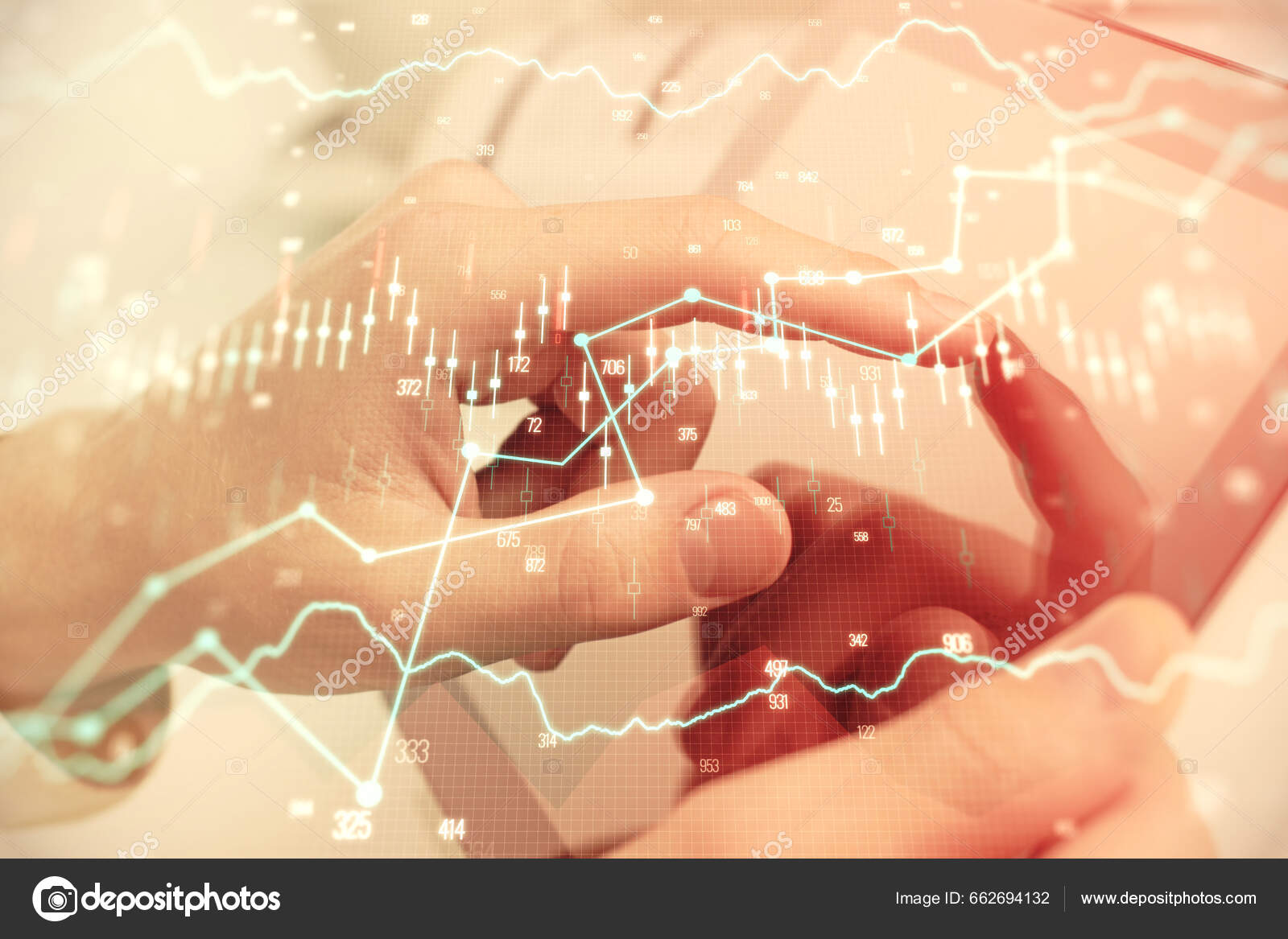 Multi Exposure Man's Hands Holding Using Phone Financial Chart Drawing ...
