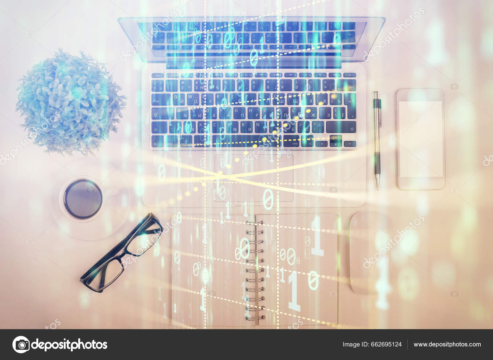 Double Exposure Data Drawing Hologram Topview Study Desk Background ...