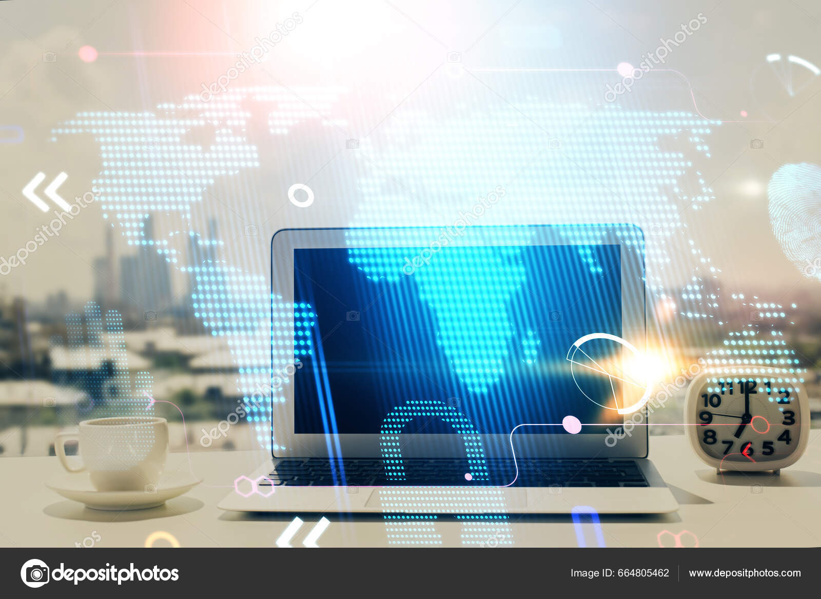 Double Exposure Desktop Computer World Map Hologram International Data ...