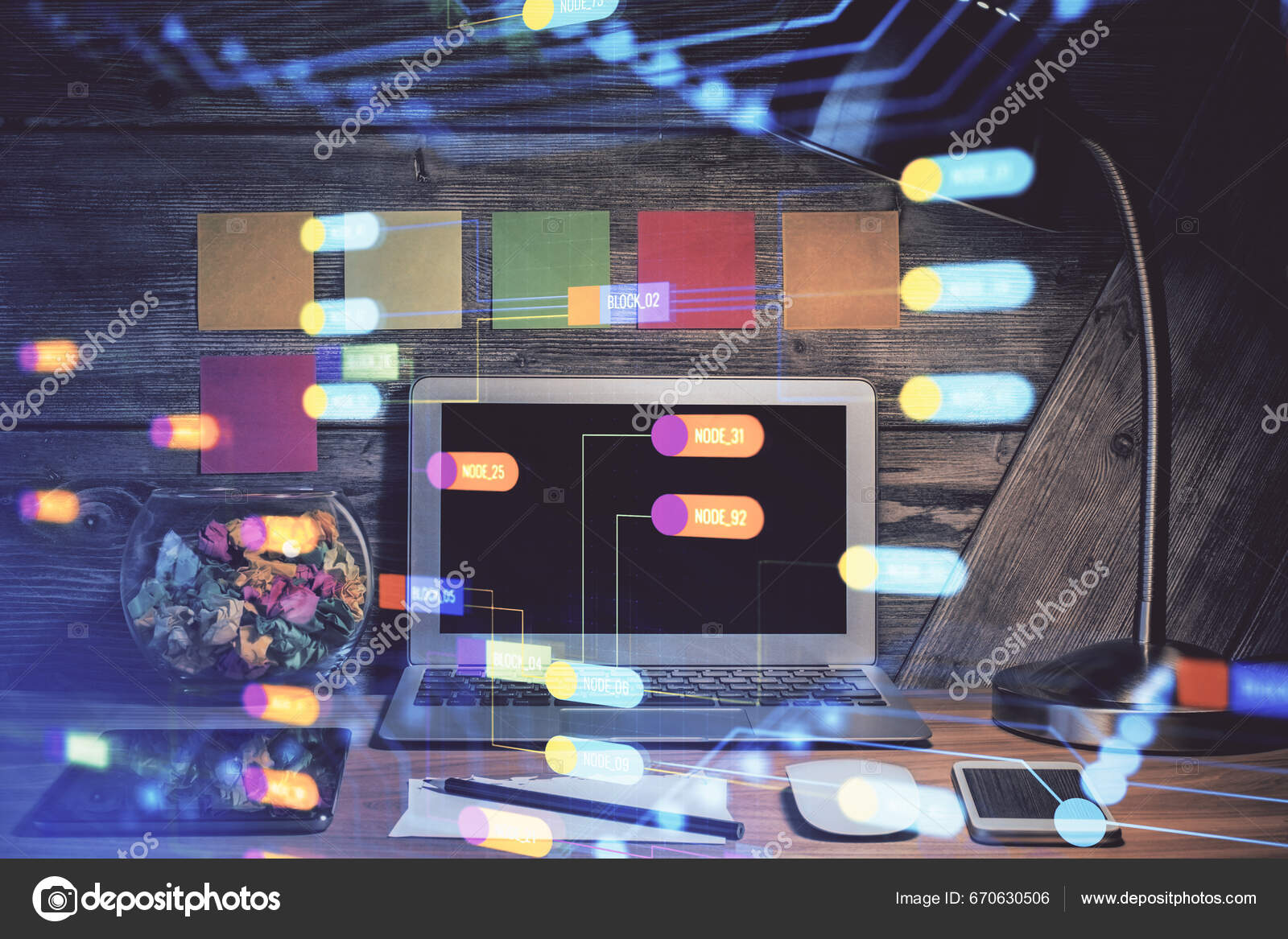 Multi Exposure Desktop Computer Background Tech Theme Drawing Concept ...