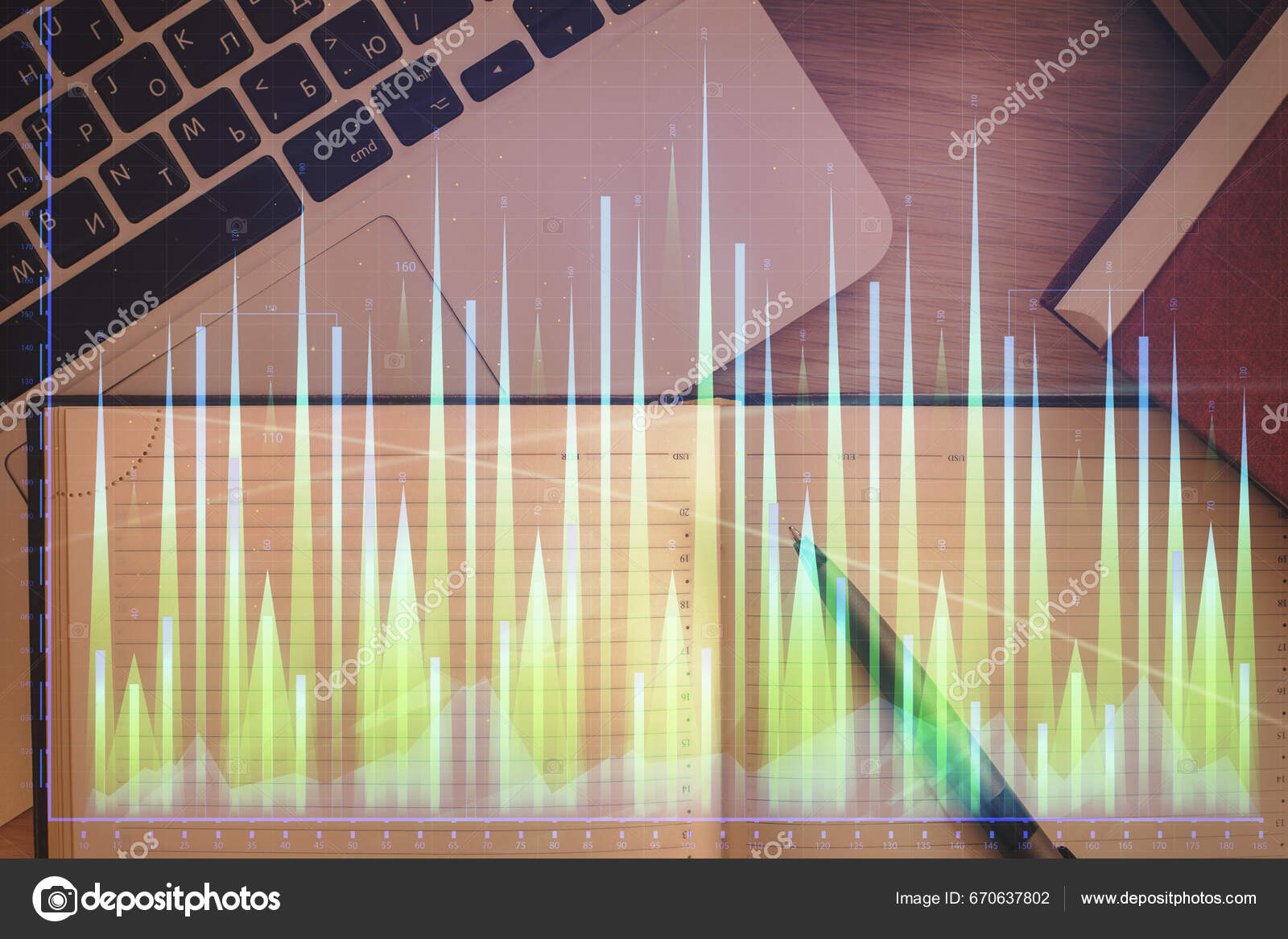 Stock Market Graph Top View Computer Table Background Multi Exposure ...