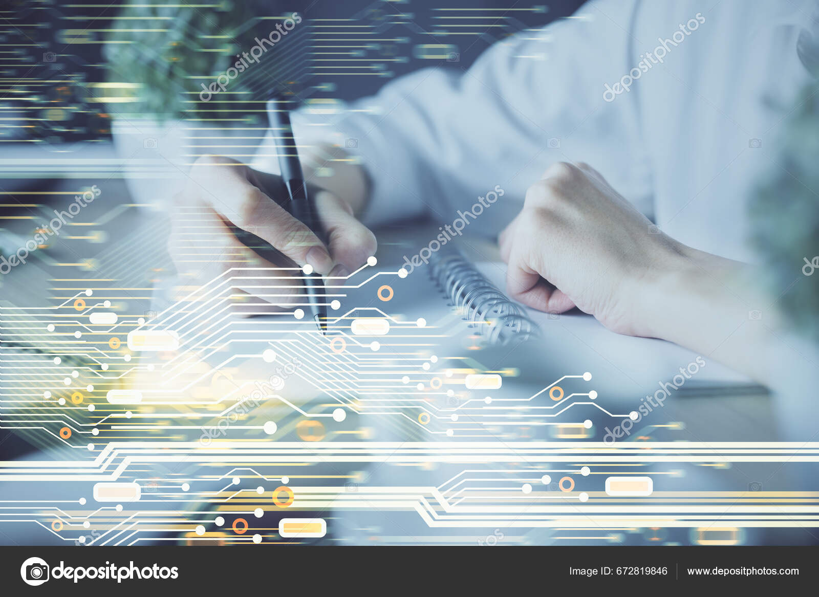 Double Exposure Woman's Hands Background Technology Digital Coding ...