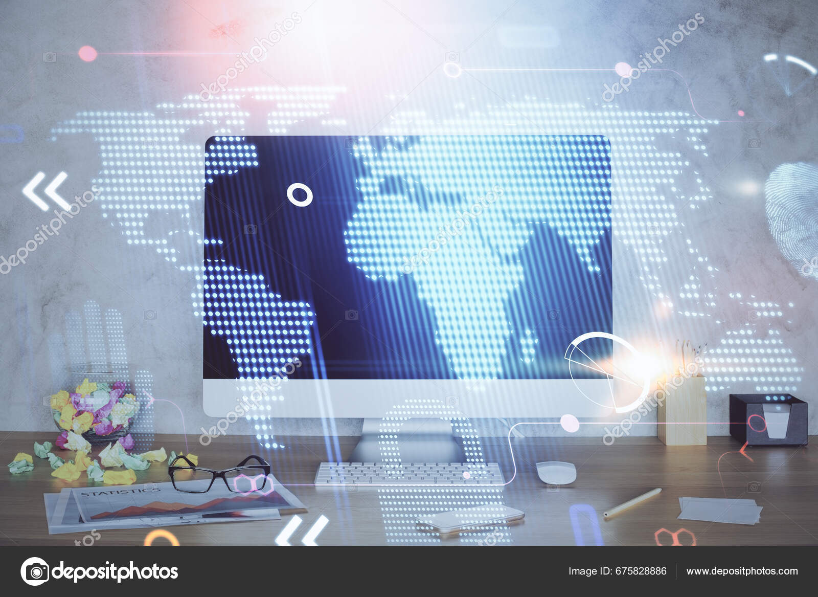 Double Exposure Desktop Computer World Map Hologram International Data ...
