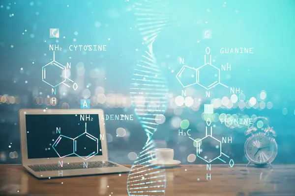 Desktop computer background and DNA drawing. Double exposure. Science ...