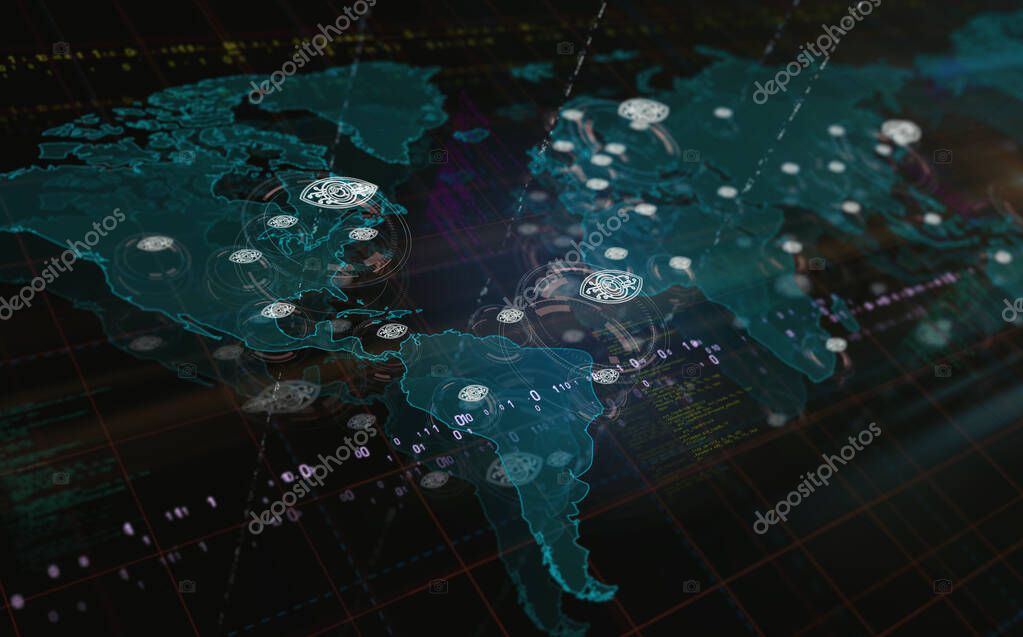 Espionaje cibernético y símbolos de control de seguridad sobre el ...