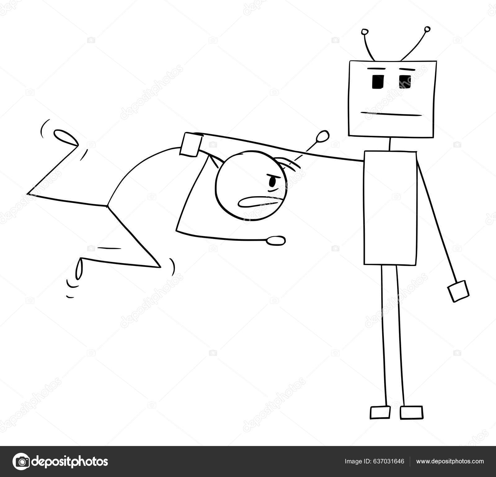 Strong Robot Holding Weak Human Vector Cartoon Stick Figure Character ...
