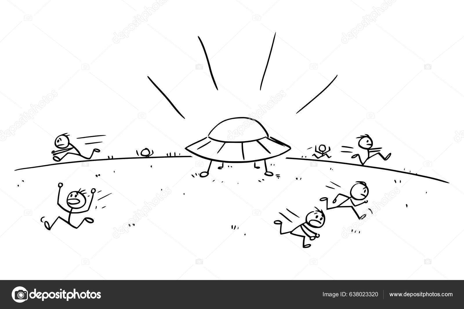 Alien Ufo Landing People Running Away Panic Vector Cartoon Stick Vector ...