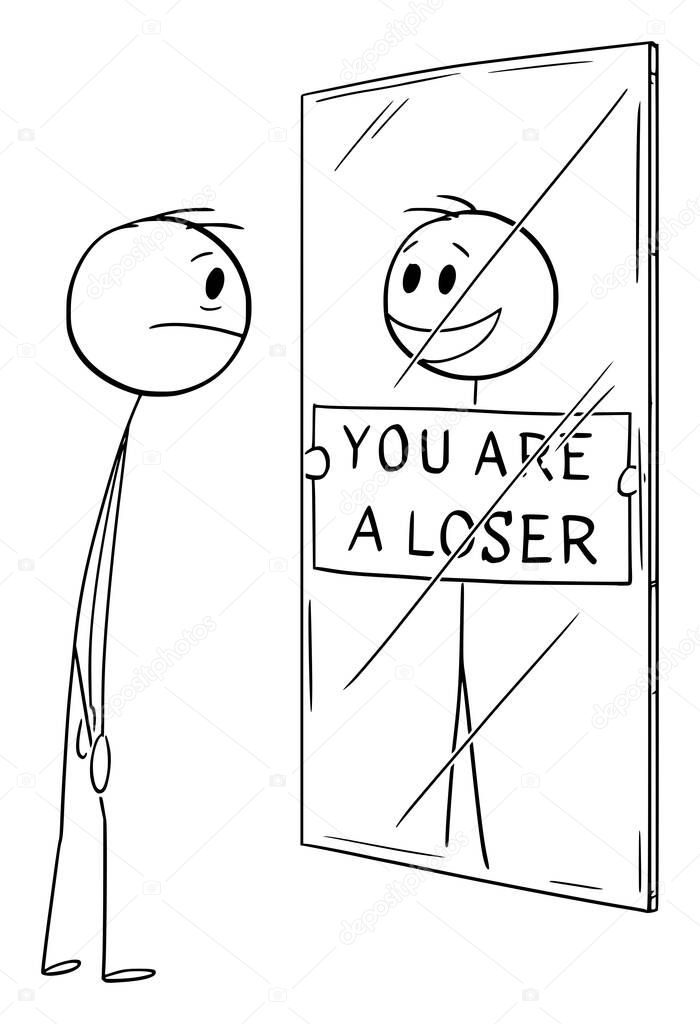 Persona frustrada mirándose en el espejo sosteniendo signo perdedor ...