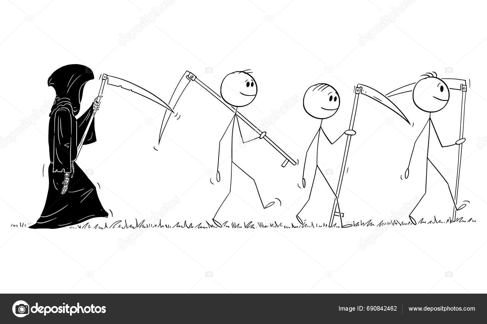 Death Grim Reaper Walking Scythe Humorous Drawing Vector Cartoon Stick ...