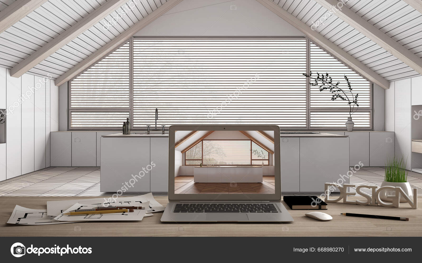 Architect Designer Desktop Concept Laptop Wooden Work Desk Screen ...