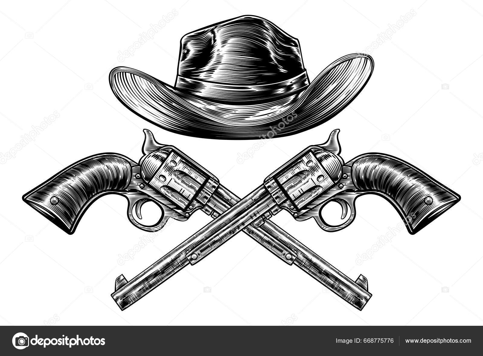 Cowboy Western Hat Pair Crossed Pistol Guns Vintage Etched Engraved ...