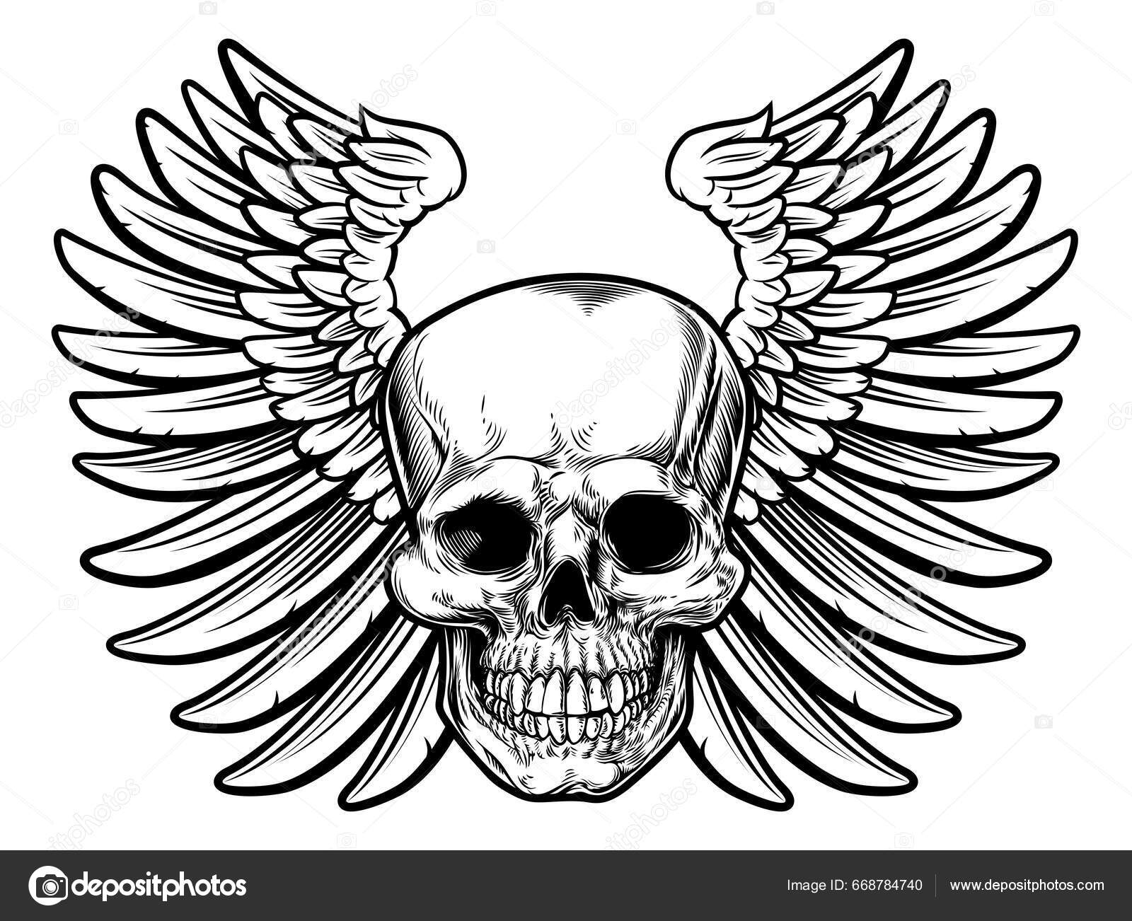 Vettoriale stockDisegno Teschio Alato Stile Vintage Retrò Xilografico ...