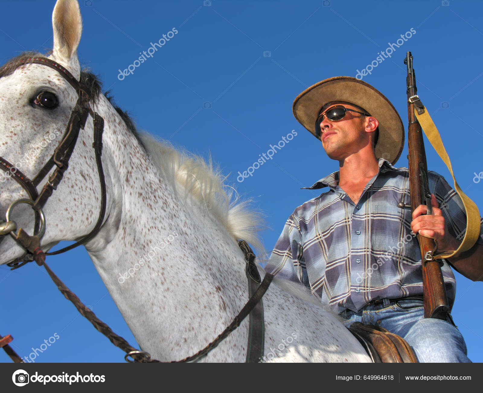 Portrait Young Ranger Horseback Riding Rifle Sunny Day — Stock Photo ...