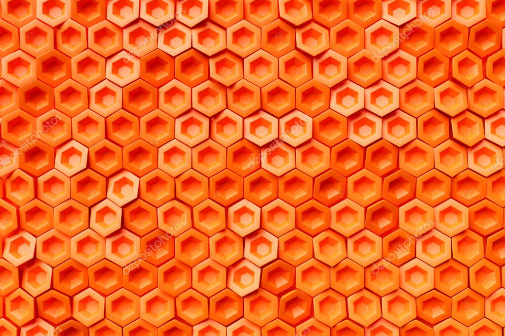 3d ilustración de un panal de abeja naranja monocromo panal para la miel. Patrón de formas ...