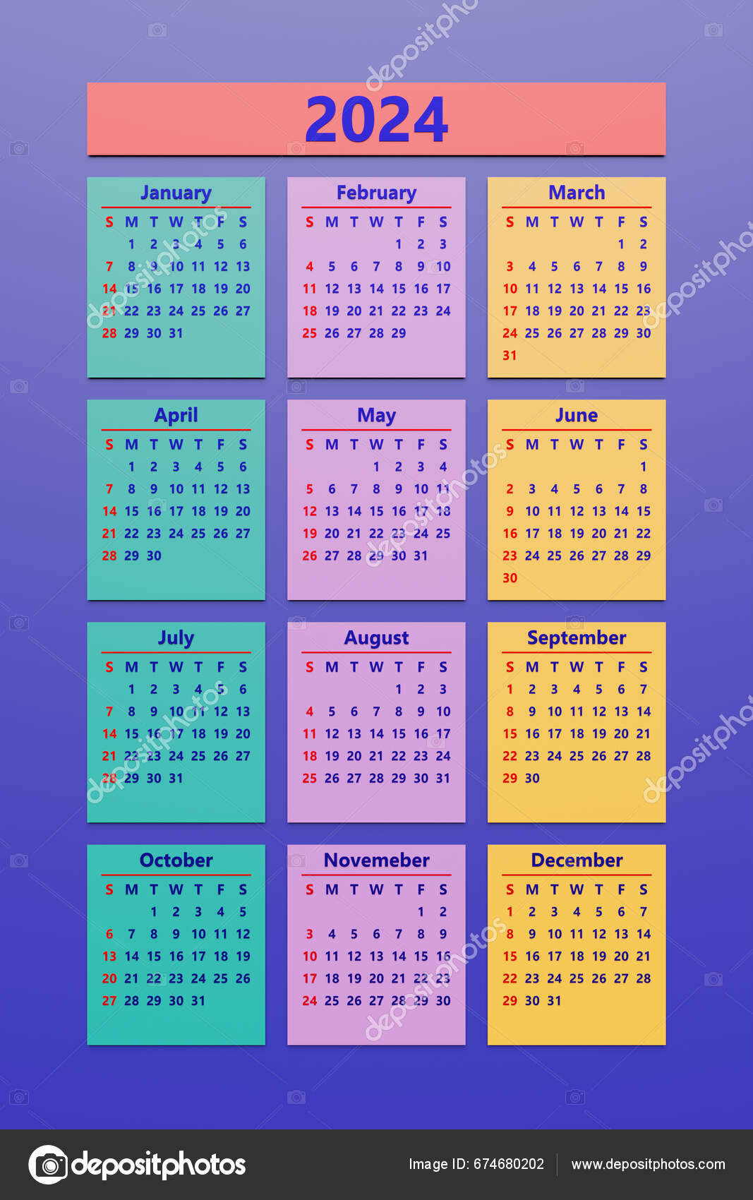 Plantilla Calendario Mensual Multicolor Estilo Minimalista Para 2024 ...