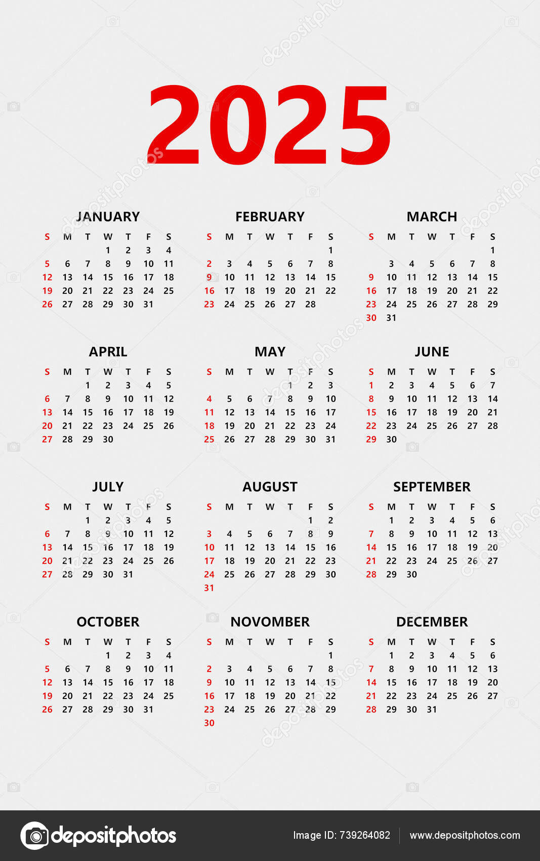 Classic White Red Monthly Calendar 2025 Vertical Format Minimalist ...