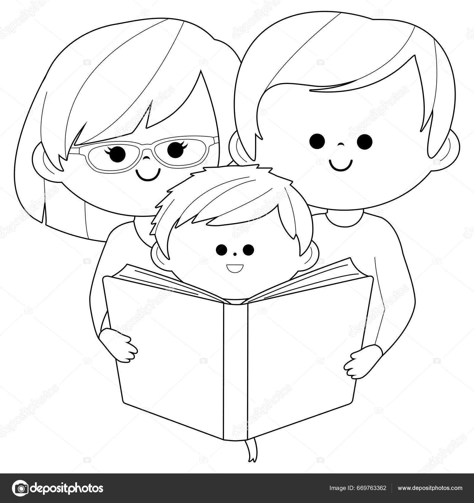 Famille Lisant Livre Coloriage Vectoriel Noir Blanc Vecteur par ...