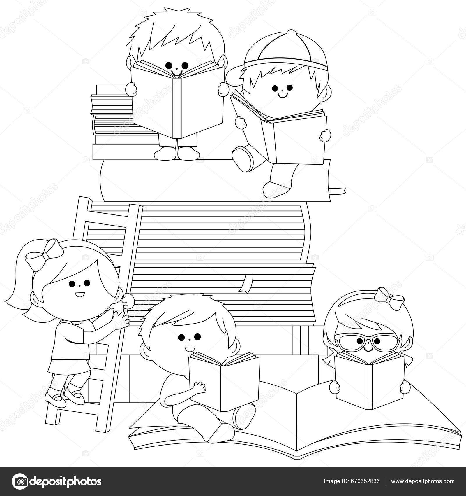 Criancas Lendo Livros Em Preto E Branco A Criança é Lendo Uma Livro.