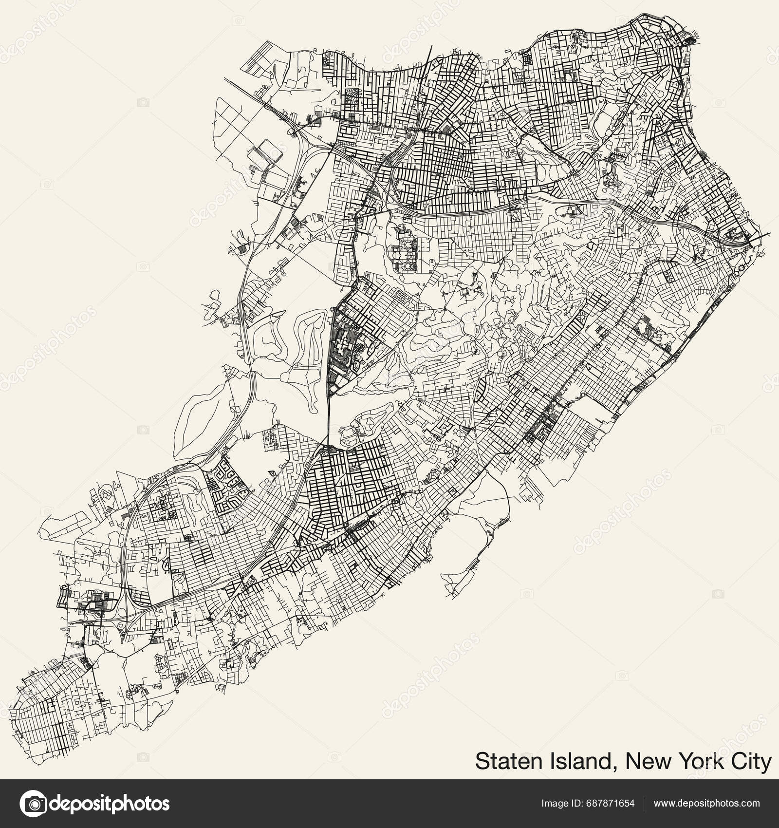 Detailed Hand Drawn Navigational Urban Street Roads Map Staten Island ...