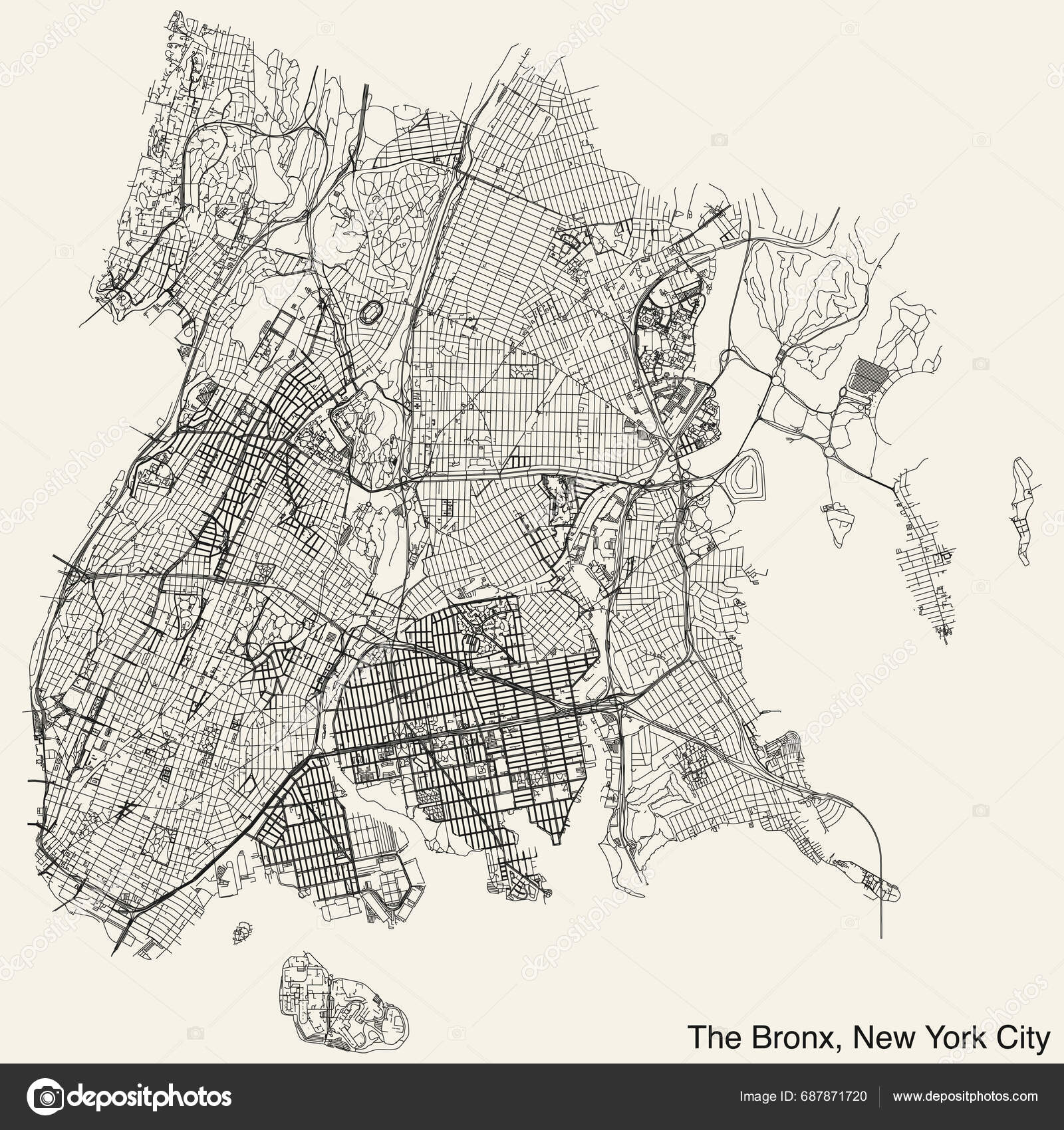 Detailed Hand Drawn Navigational Urban Street Roads Map Bronx Borough ...