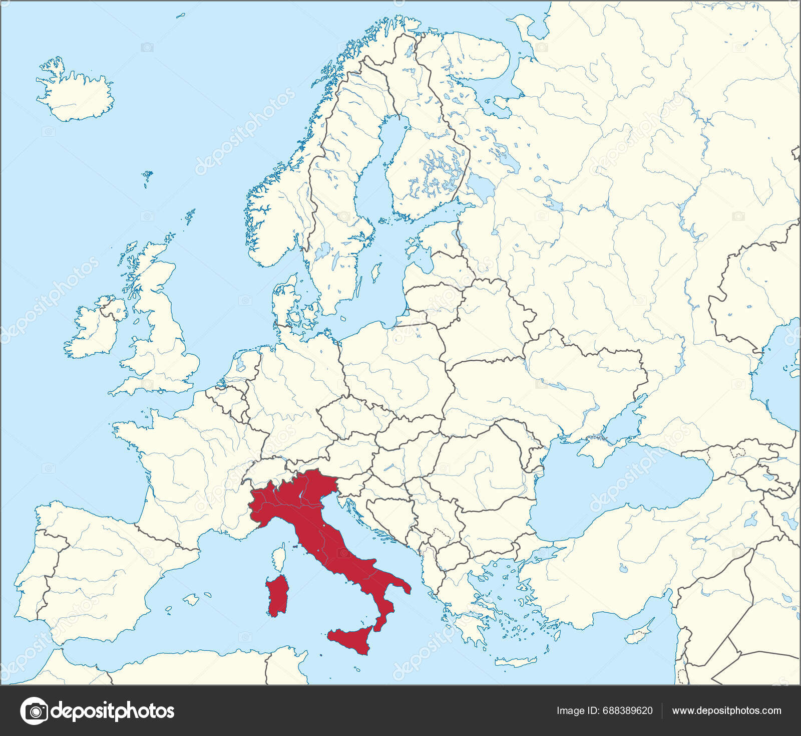 Rød Cmyk Nationalt Kort Italien Inde Detaljeret Beige Blank Politisk ...