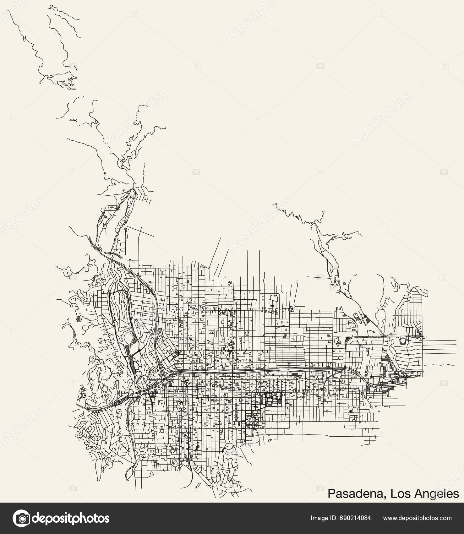 Detailed Hand Drawn Navigational Urban Street Roads Map City Pasadena ...