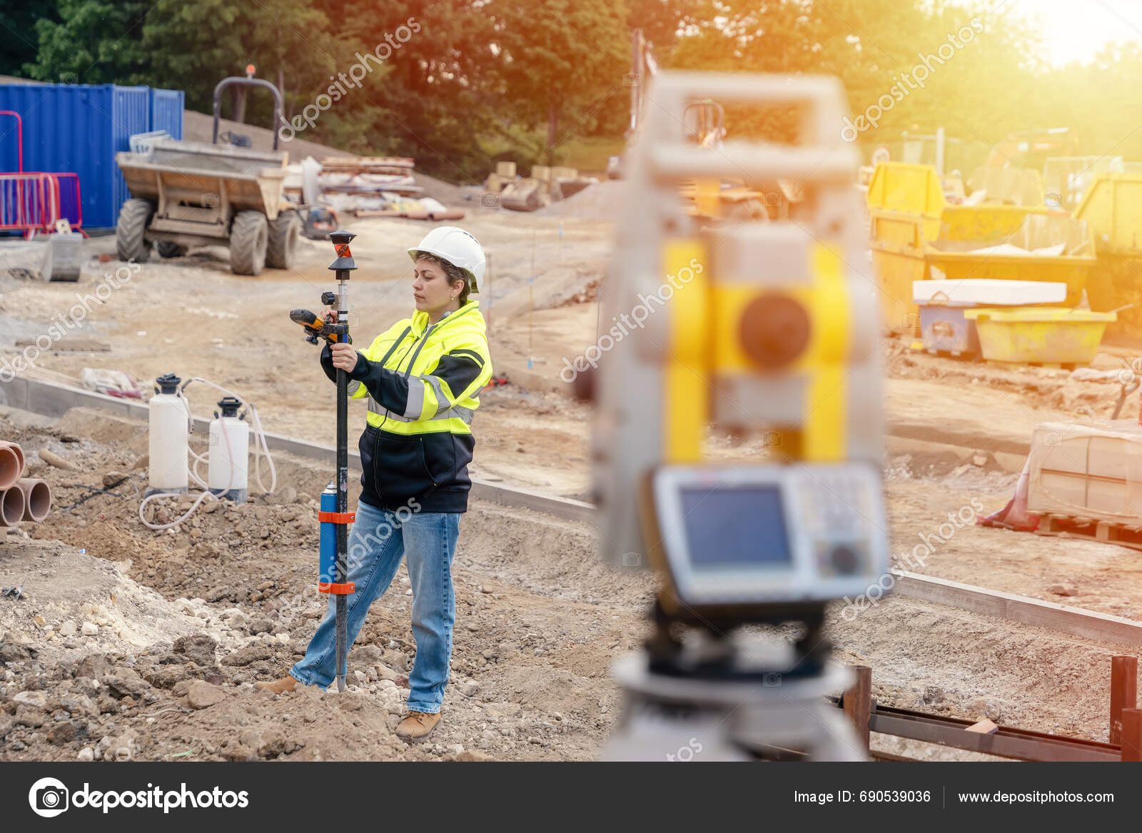 Female Site Engineer Surveyor Working Theodolite Total Station Edm ...