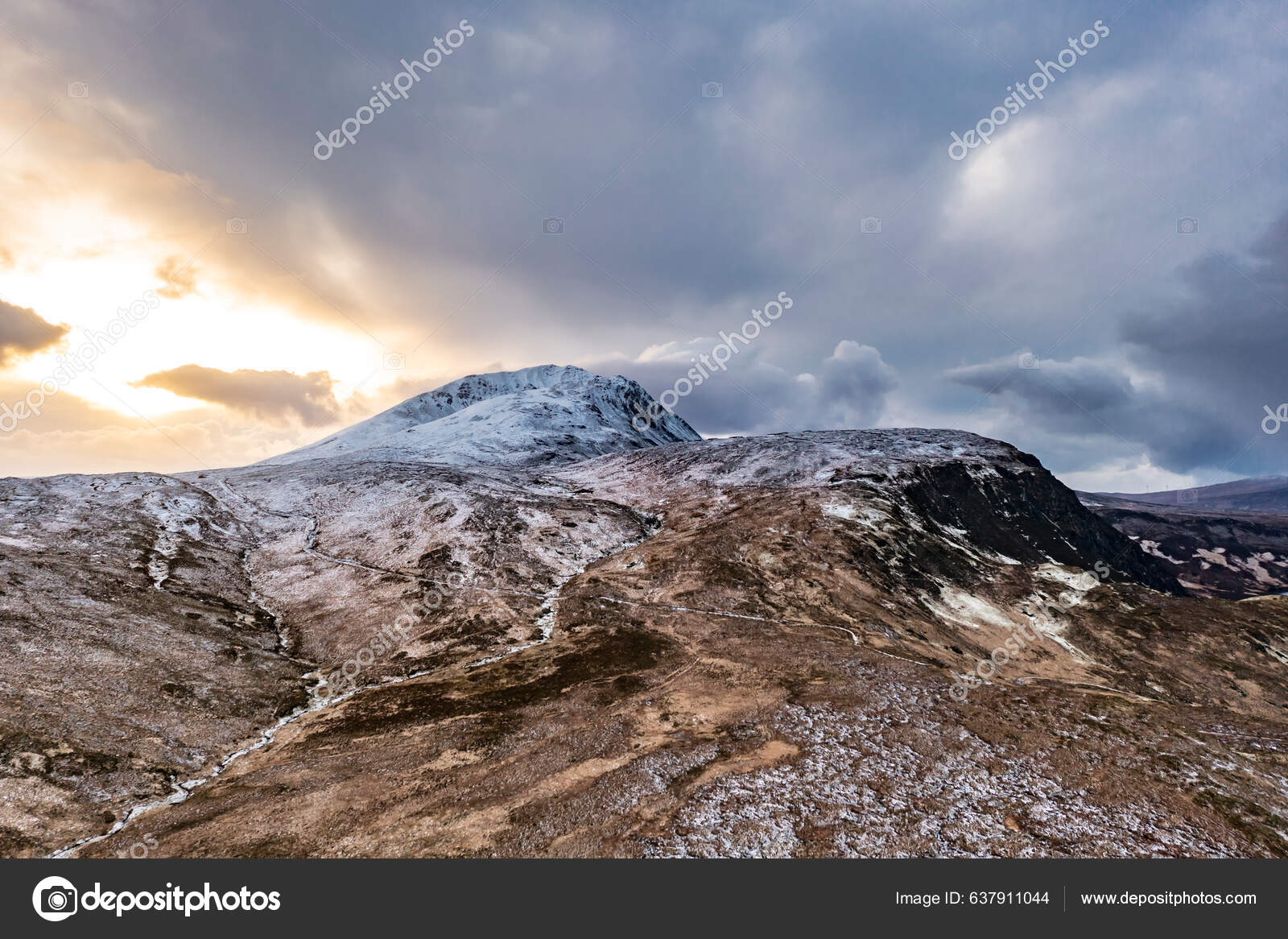 Aerial View Snow Covered Mount Errigal Highest Mountain Donegal Ireland ...