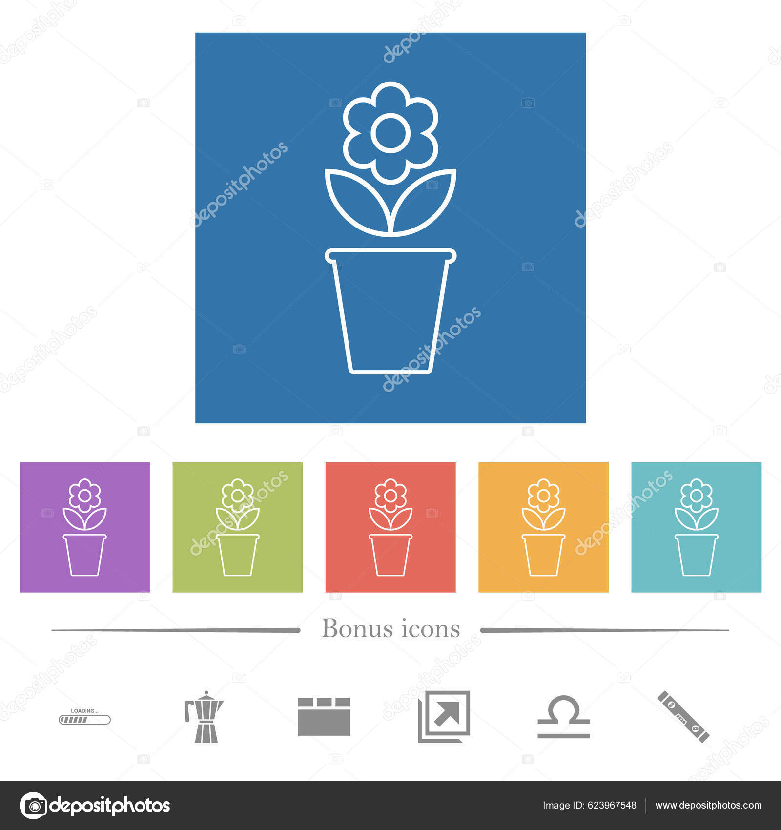 Flowerpot Flower Leaves Outline Flat White Icons Square Backgrounds ...