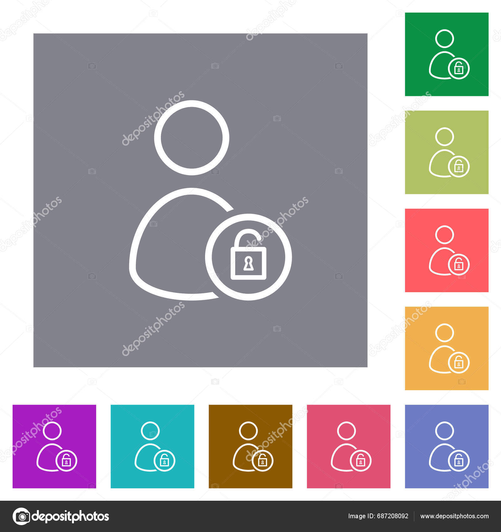 Unlock User Outline Flat Icons Simple Color Square Backgrounds Stock ...