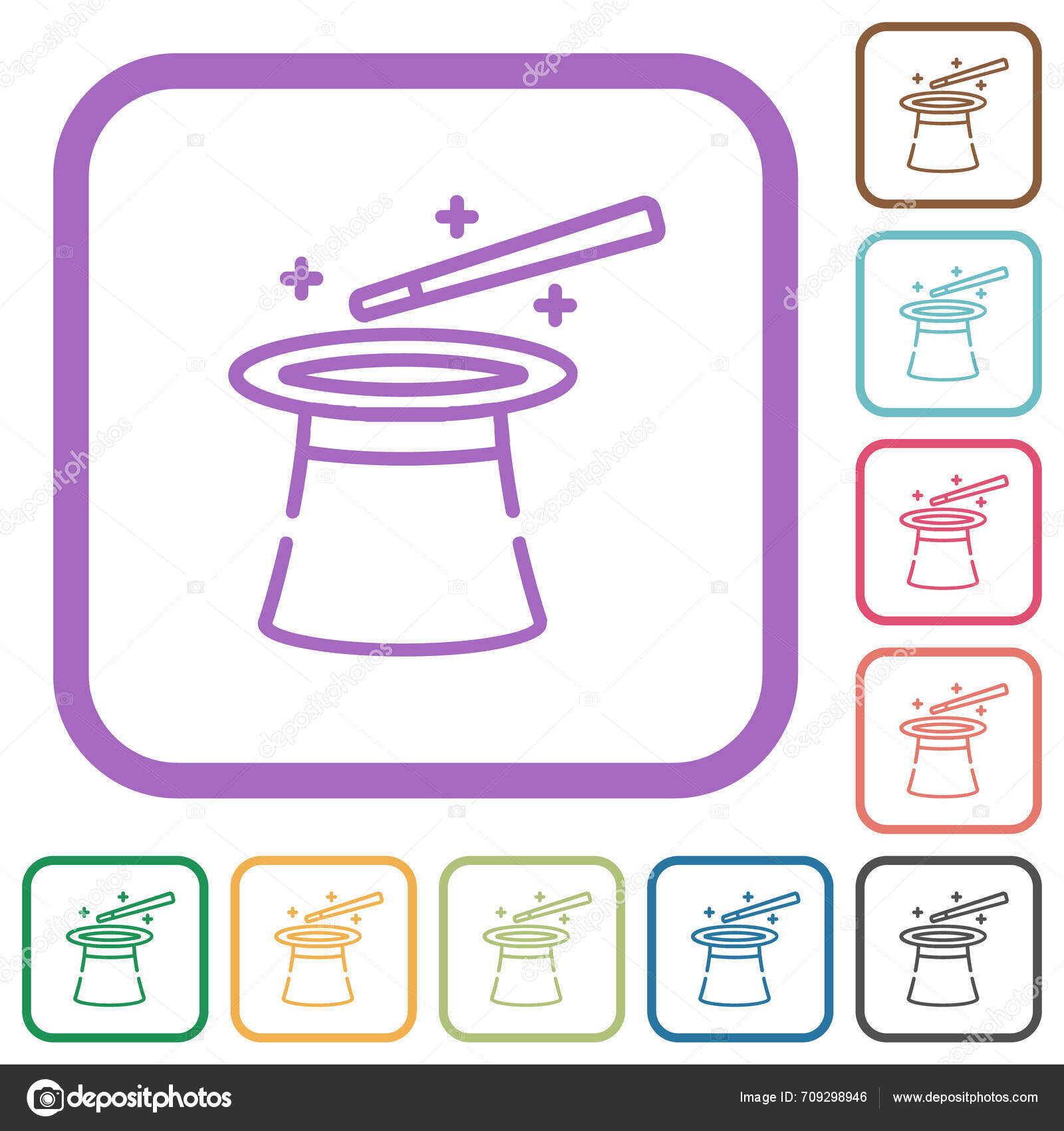 Magic Hat Wand Outline Simple Icons Color Rounded Square Frames Stock ...