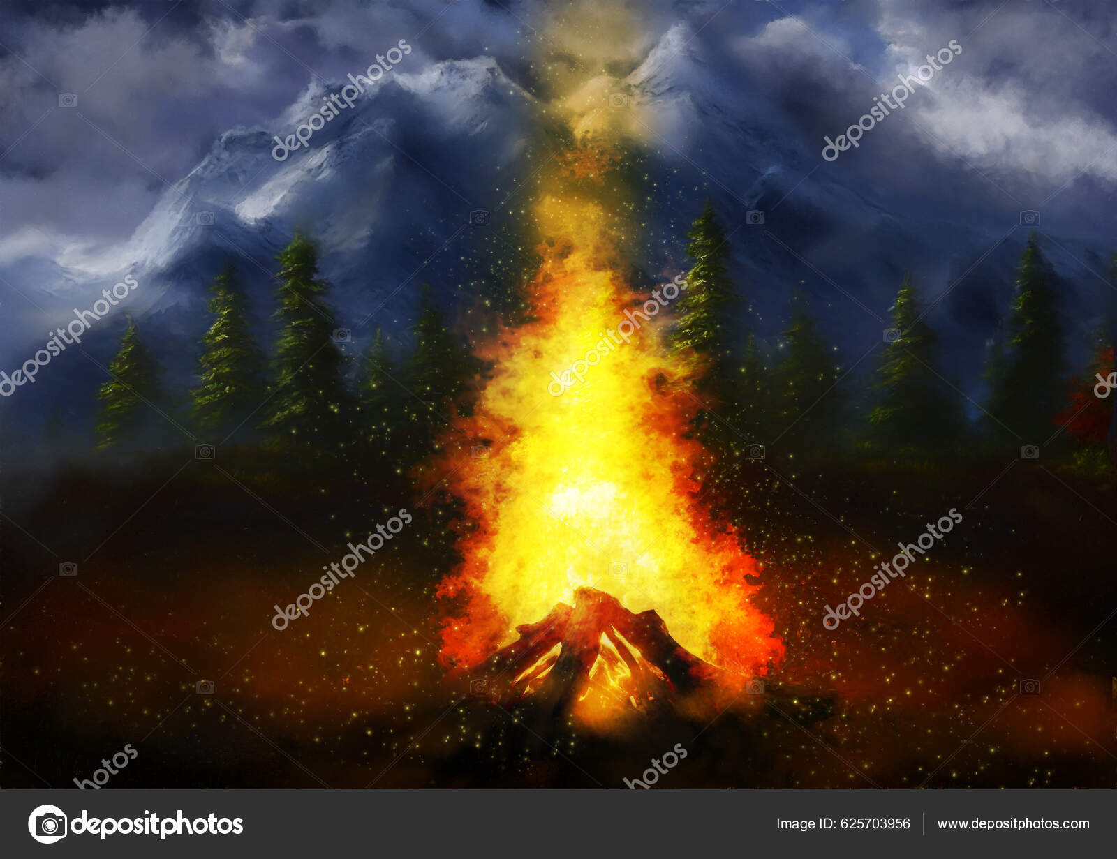 Digital Paintings Landscape Artwork Fire Sky Fire Mountains — Stock ...