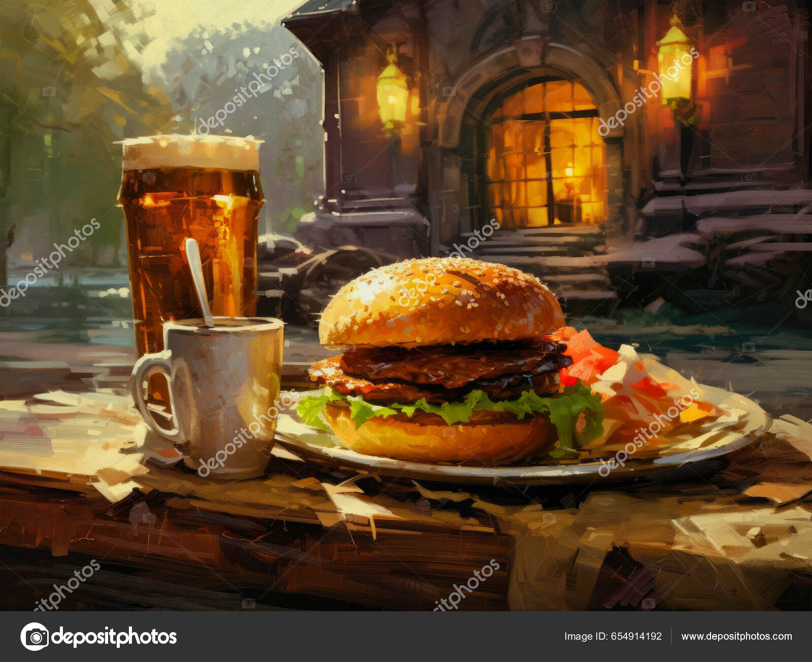 Oil Paintings Still Life Breakfast Terrace Hamburger Coffee City ...