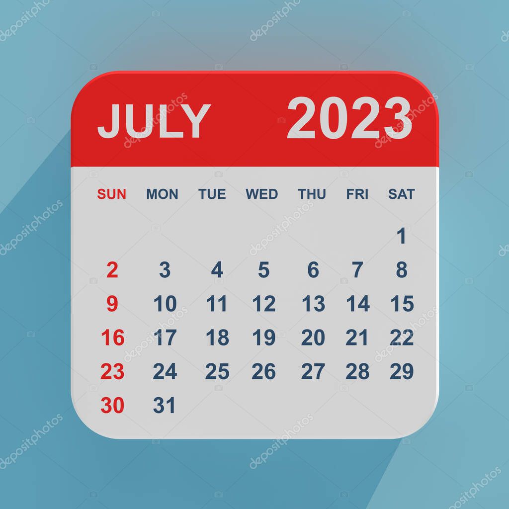 Icono plano Calendario Julio 2023 sobre fondo azul. Renderizado 3d 2023