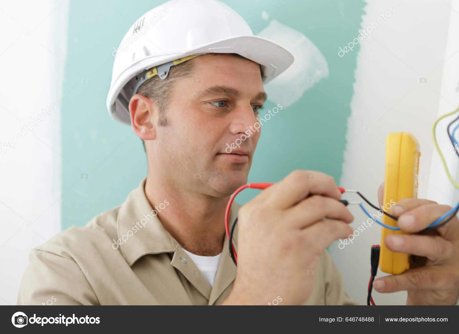 Happy Electrician Checking Voltage Electrical Wall Socket — Stock Photo ...