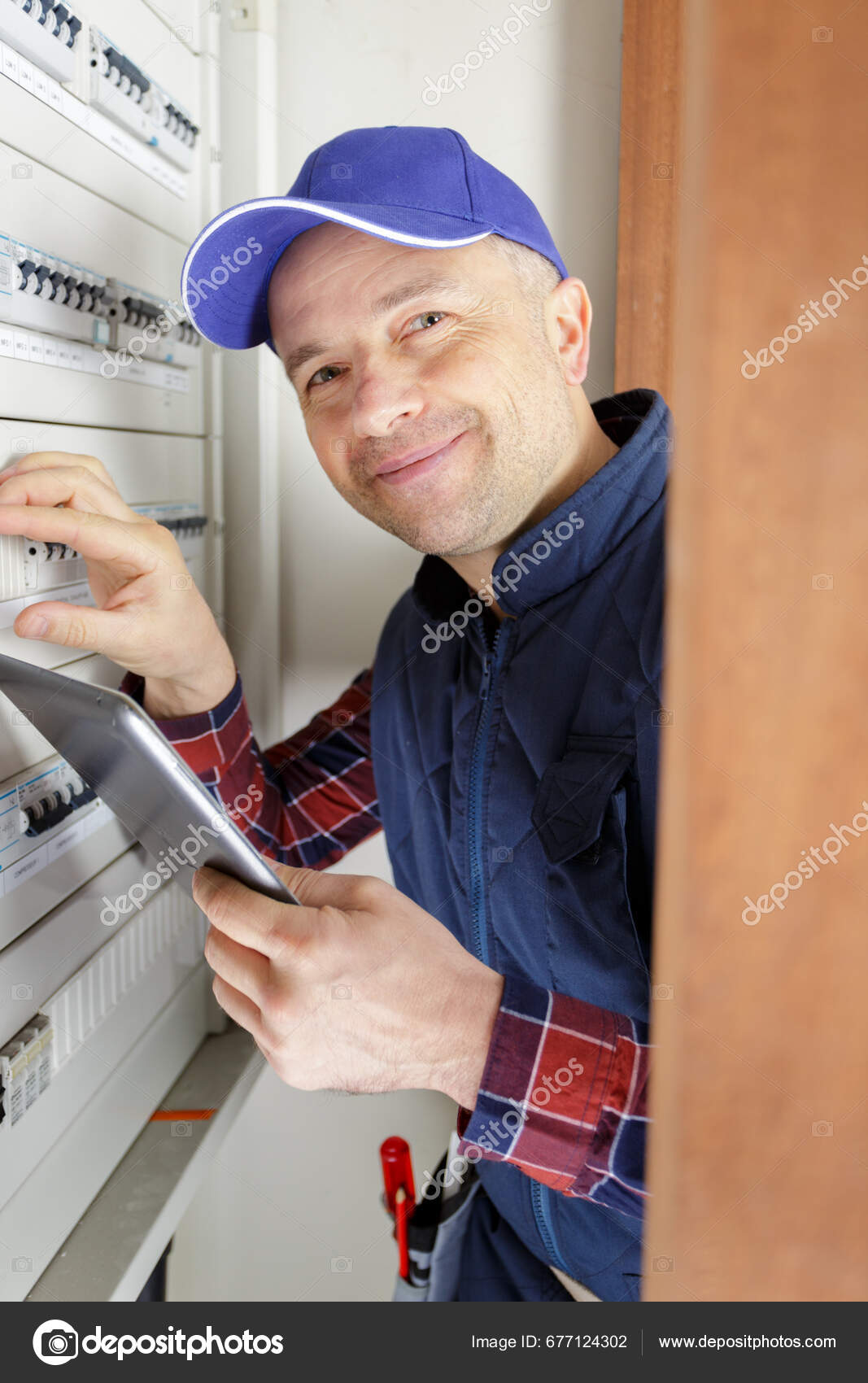 Ingeniero Electricista Con Multímetro Caja Control Eléctrica — Foto de ...