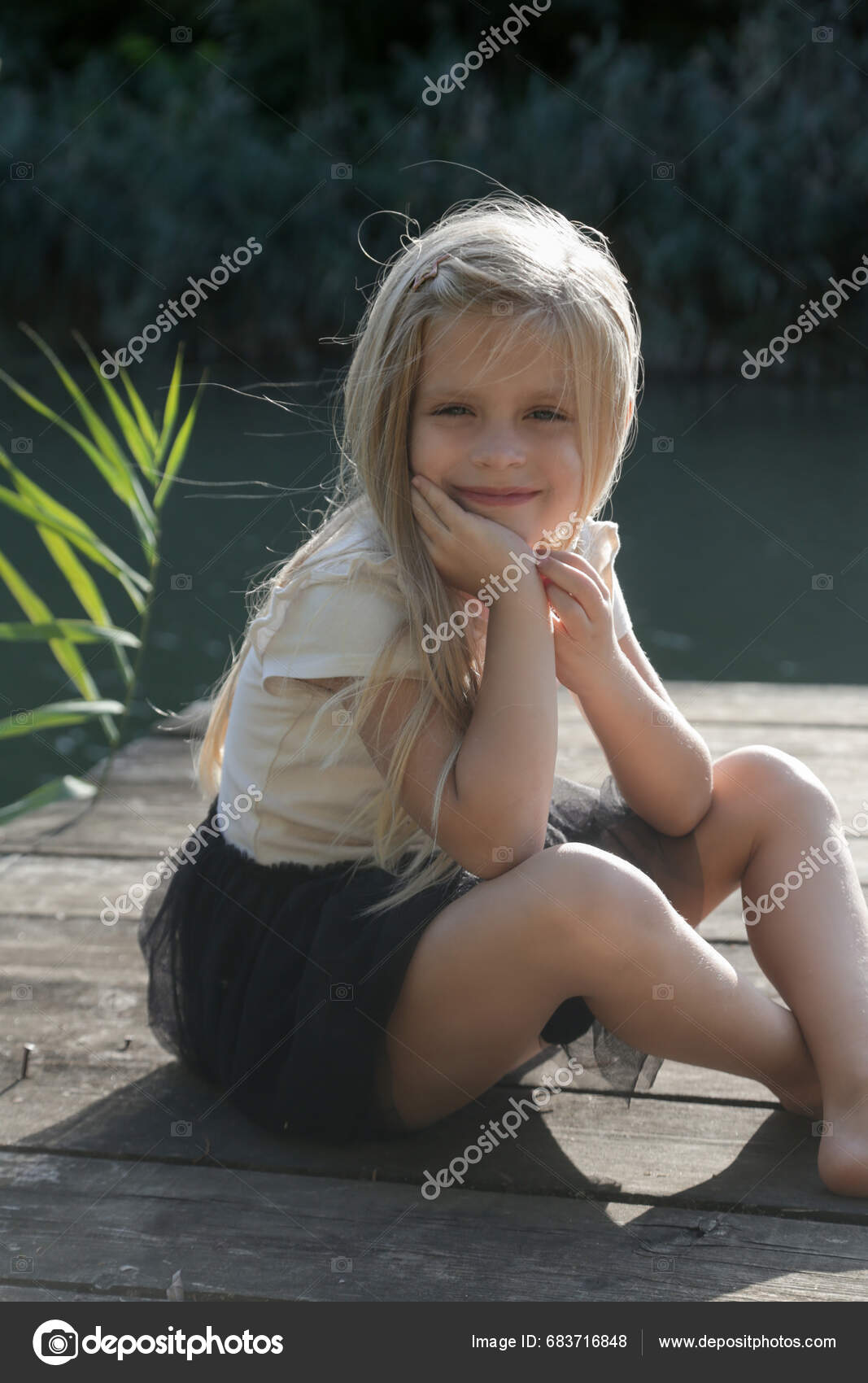 Adorable Little Blond Girl Sitting Wooden Dock Idyllic Summer Day Stock ...