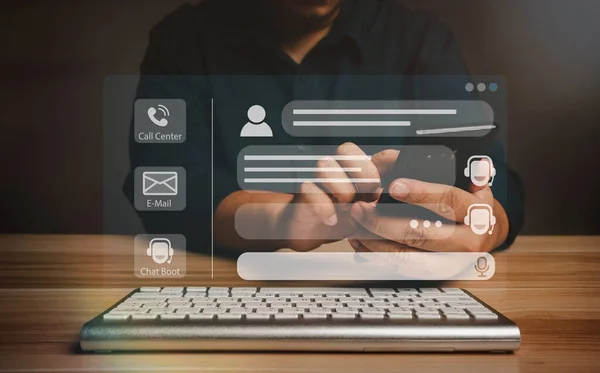 Person use customer service and support live chat with chatbot and ...